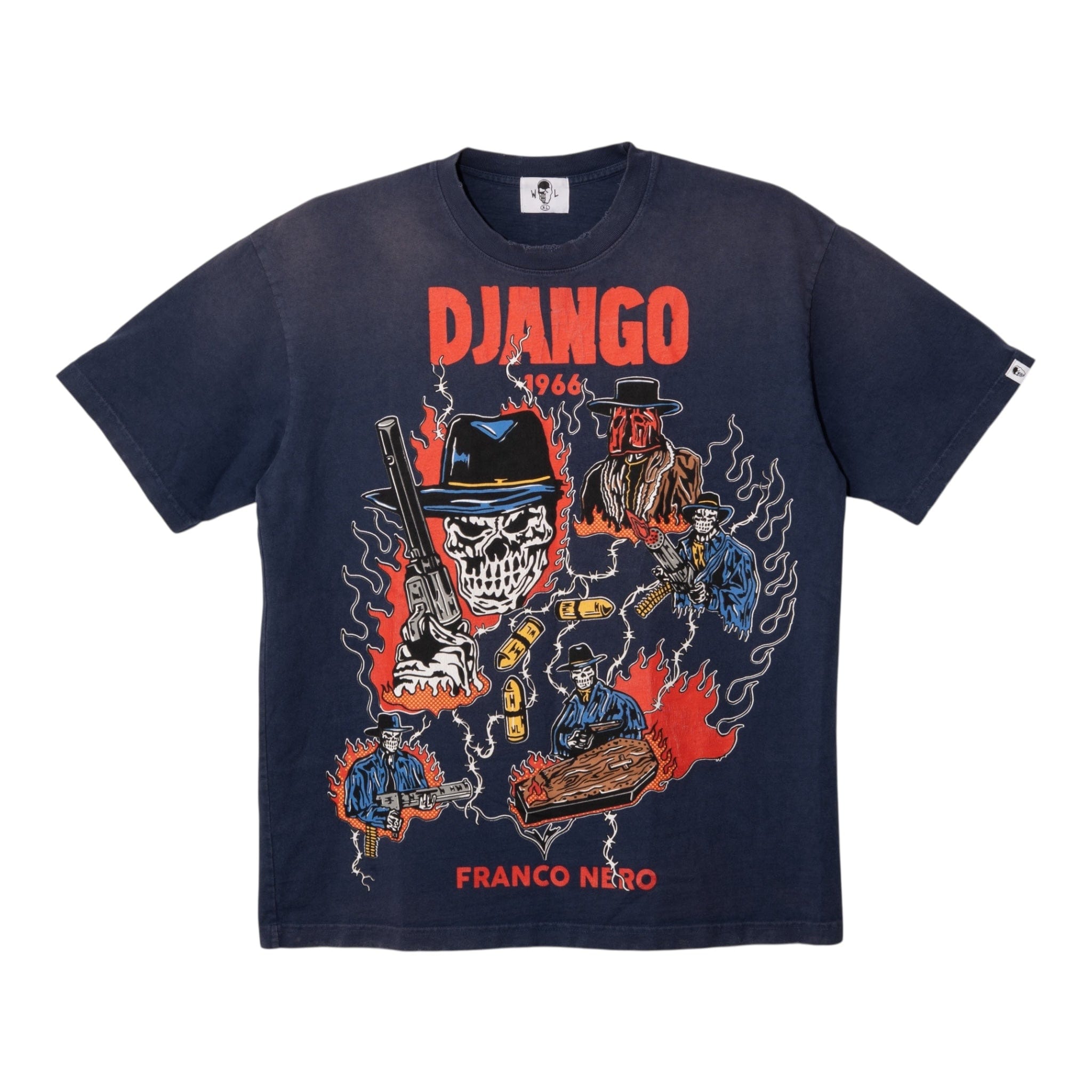 Warren Lotas Django Cowboy Logo Short Sleeve Tee Shirt Navy Blue Red M
